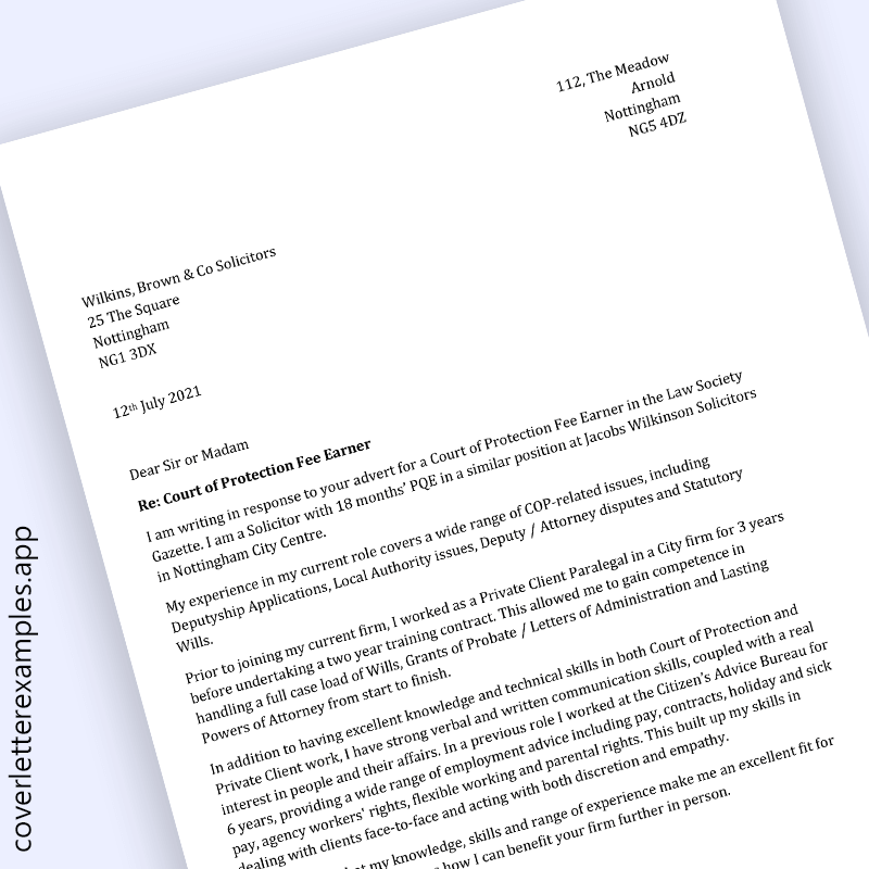 Court Of Protection Fee Earner Solicitor Cover Letter Example